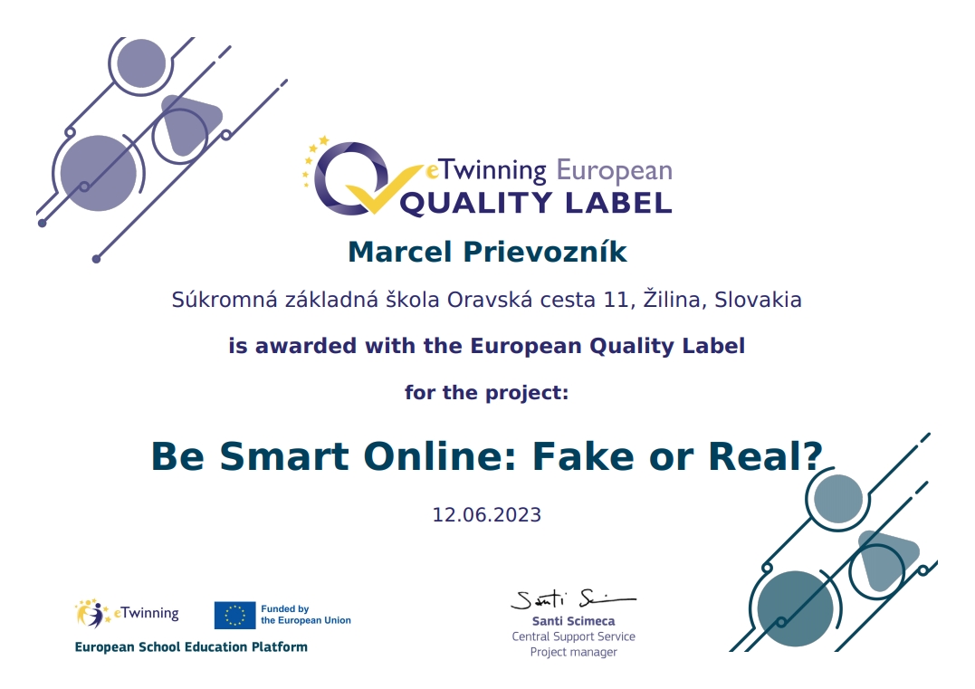 European Quality Certificate - Súkromná základná škola, Oravská cesta ...